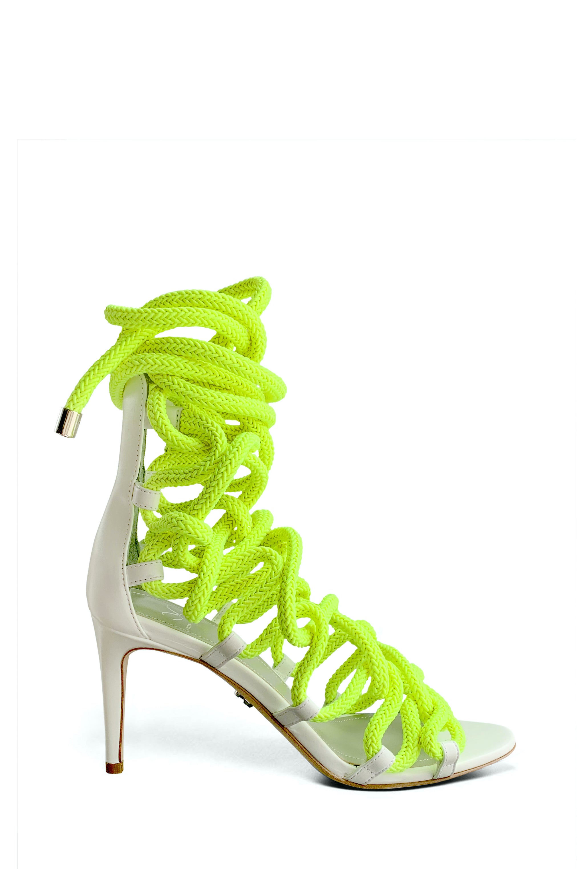 CARLA 80 WHITE LEATHER & NEON YELLOW ROPE SANDALS