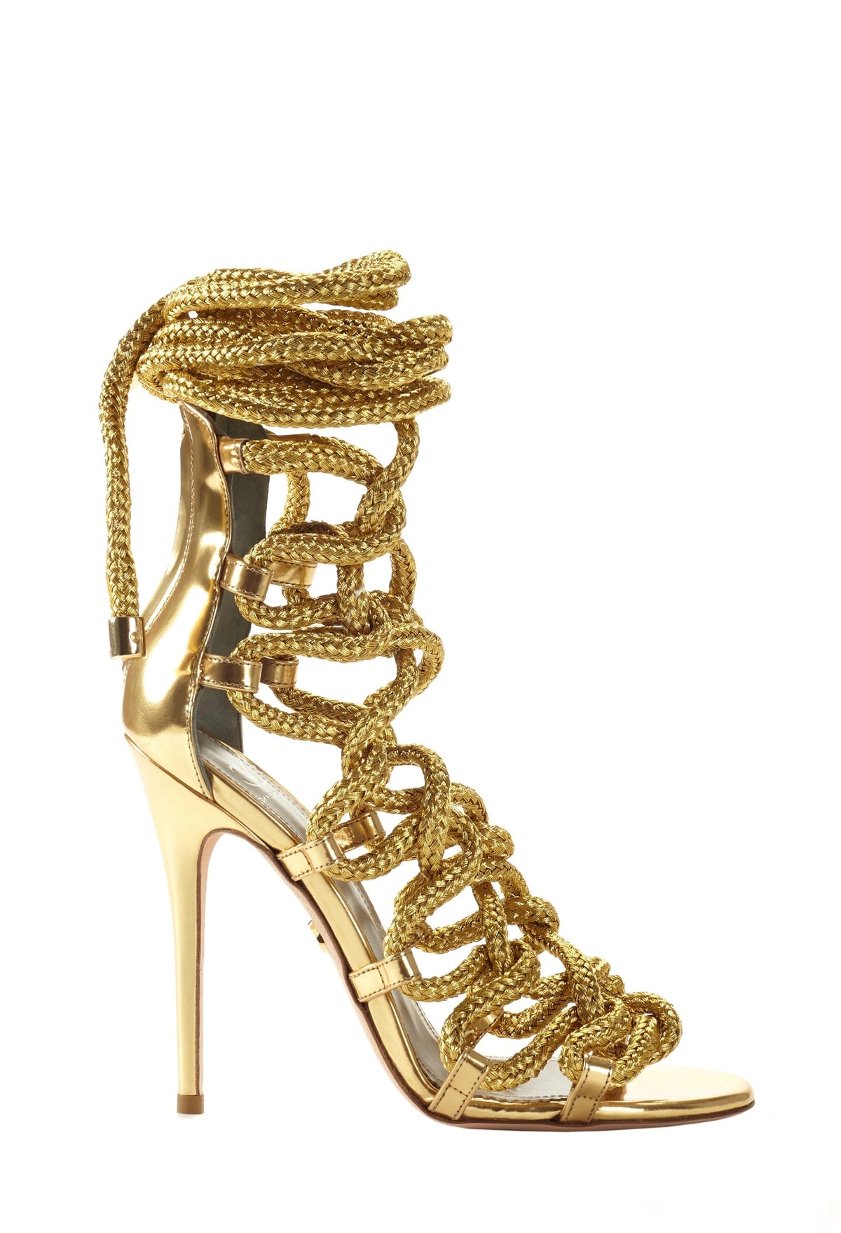 CARLA GOLD MIRRORED LEATHER & ROPE SANDALS